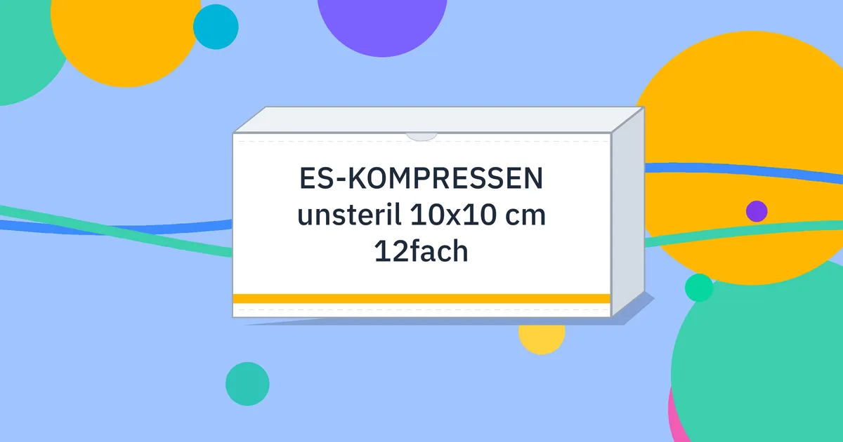 Symbolbild: Packung mit der Aufschrift ES-KOMPRESSEN unsteril 10x10 cm 12fach (PZN 15782327) – Verfügbarkeit und Bezug in Apotheken in Frankfurt am Main