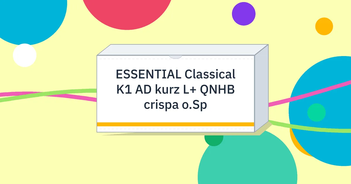 Symbolbild: Packung mit der Aufschrift ESSENTIAL Classical K1 AD kurz L+ QNHB crispa o.Sp (PZN 18866496) – Verfügbarkeit und Bezug in Apotheken in Frankfurt am Main