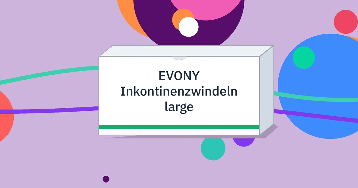 Symbolbild: Packung mit der Aufschrift EVONY Inkontinenzwindeln large (PZN 18202827) – Verfügbarkeit und Bezug in Apotheken in Frankfurt am Main