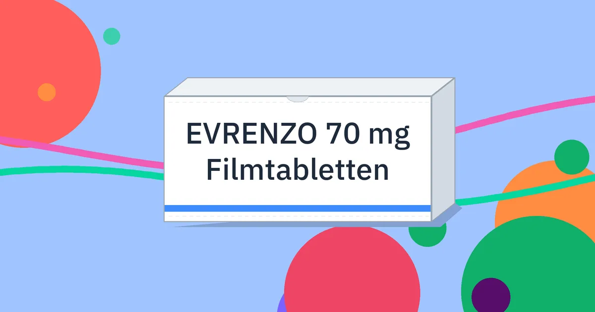 Symbolbild: Packung mit der Aufschrift EVRENZO 70 mg Filmtabletten (PZN 20106947) – Verfügbarkeit und Bezug in Apotheken in Frankfurt am Main