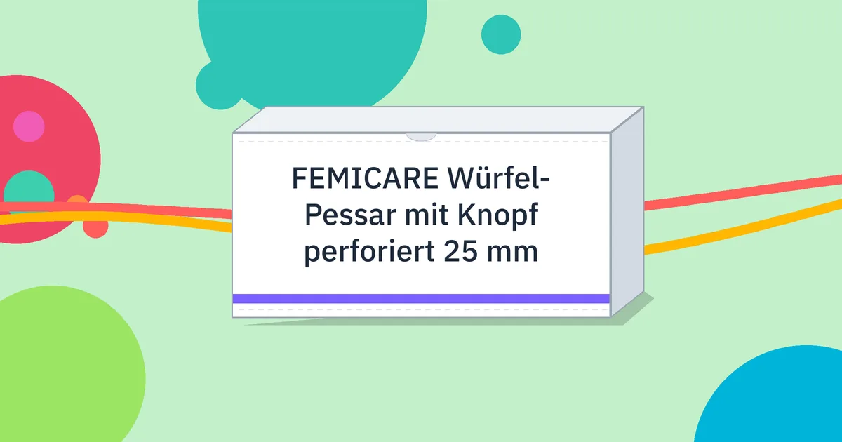 Symbolbild: Packung mit der Aufschrift FEMICARE Würfel-Pessar mit Knopf perforiert 25 mm (PZN 19335890) – Verfügbarkeit und Bezug in Apotheken in Frankfurt am Main