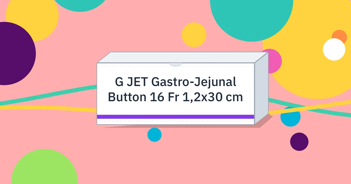Symbolbild: Packung mit der Aufschrift G JET Gastro-Jejunal Button 16 Fr 1,2x30 cm (PZN 14346765) – Verfügbarkeit und Bezug in Apotheken in Frankfurt am Main
