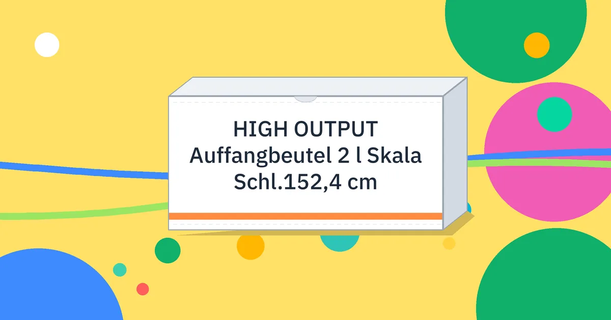Symbolbild: Packung mit der Aufschrift HIGH OUTPUT Auffangbeutel 2 l Skala Schl.152,4 cm (PZN 17366426) – Verfügbarkeit und Bezug in Apotheken in Frankfurt am Main