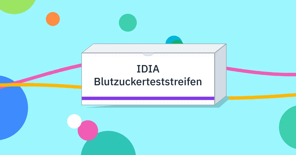 Symbolbild: Packung mit der Aufschrift IDIA Blutzuckerteststreifen (PZN 17373490) – Verfügbarkeit und Bezug in Apotheken in Frankfurt am Main