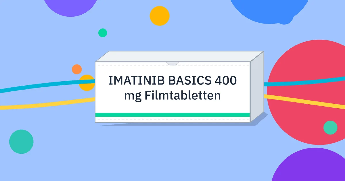 Symbolbild: Packung mit der Aufschrift IMATINIB BASICS 400 mg Filmtabletten (PZN 11653024) – Verfügbarkeit und Bezug in Apotheken in Frankfurt am Main