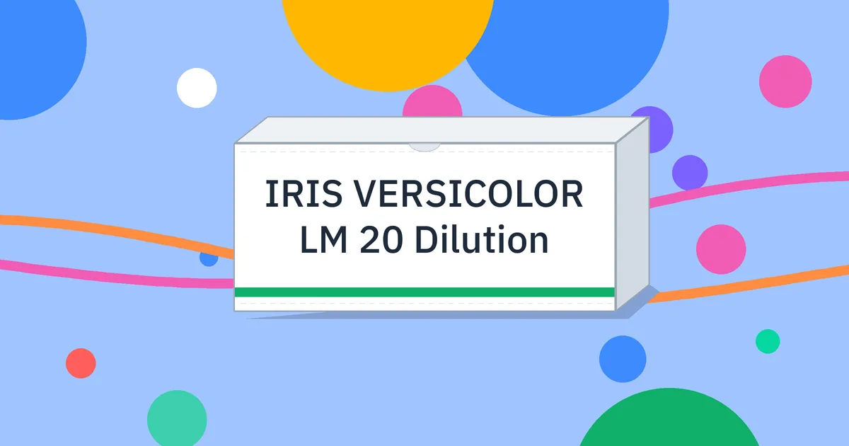 Symbolbild: Packung mit der Aufschrift IRIS VERSICOLOR LM 20 Dilution (PZN 12914892) – Verfügbarkeit und Bezug in Apotheken in Frankfurt am Main
