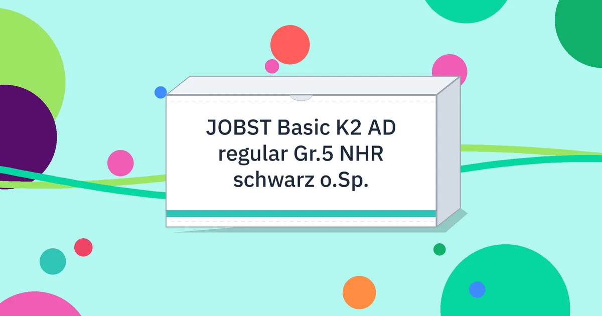 Symbolbild: Packung mit der Aufschrift JOBST Basic K2 AD regular Gr.5 NHR schwarz o.Sp. (PZN 15313093) – Verfügbarkeit und Bezug in Apotheken in Frankfurt am Main
