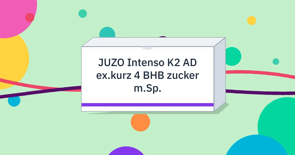 Symbolbild: Packung mit der Aufschrift JUZO Intenso K2 AD ex.kurz 4 BHB zucker m.Sp. (PZN 18614866) – Verfügbarkeit und Bezug in Apotheken in Frankfurt am Main