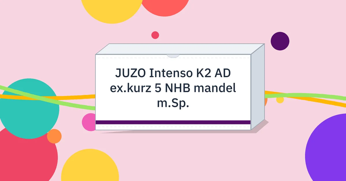 Symbolbild: Packung mit der Aufschrift JUZO Intenso K2 AD ex.kurz 5 NHB mandel m.Sp. (PZN 18611721) – Verfügbarkeit und Bezug in Apotheken in Frankfurt am Main