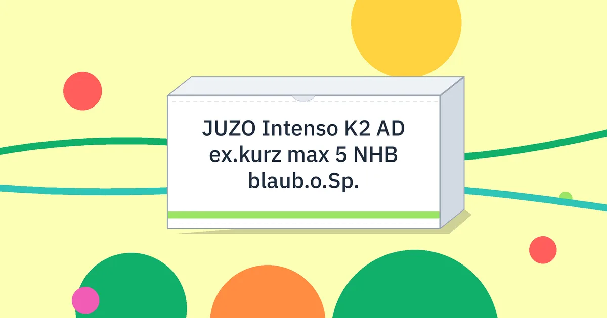 Symbolbild: Packung mit der Aufschrift JUZO Intenso K2 AD ex.kurz max 5 NHB blaub.o.Sp. (PZN 18621027) – Verfügbarkeit und Bezug in Apotheken in Frankfurt am Main