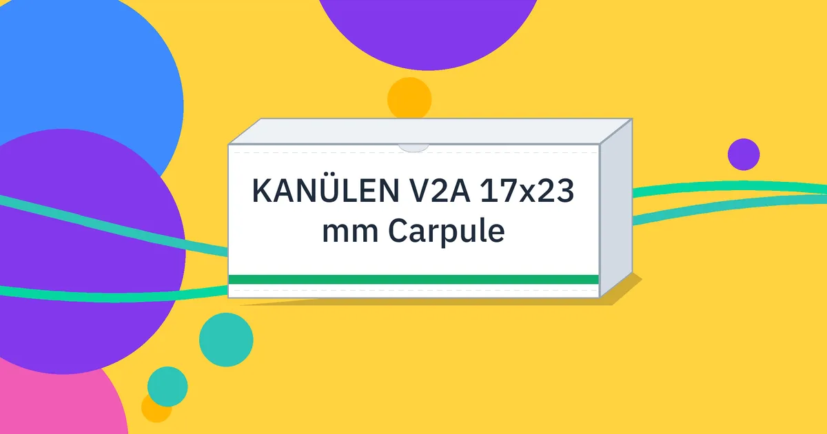 Symbolbild: Packung mit der Aufschrift KANÜLEN V2A 17x23 mm Carpule (PZN 02439823) – Verfügbarkeit und Bezug in Apotheken in Frankfurt am Main