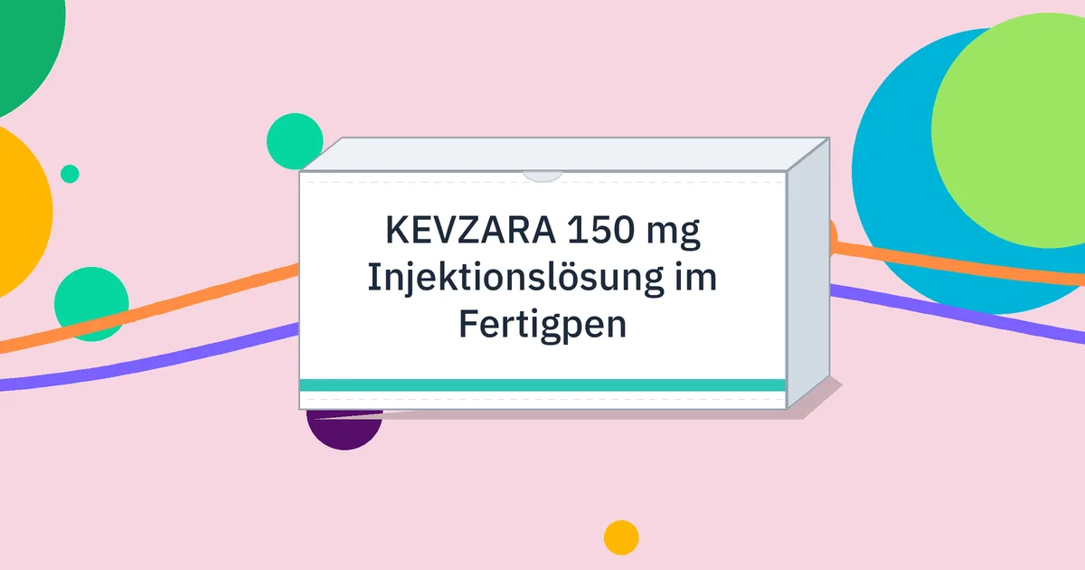 Symbolbild: Packung mit der Aufschrift KEVZARA 150 mg Injektionslösung im Fertigpen (PZN 19538831) – Verfügbarkeit und Bezug in Apotheken in Frankfurt am Main