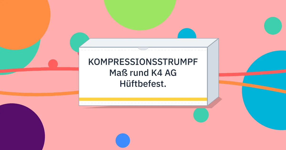 Symbolbild: Packung mit der Aufschrift KOMPRESSIONSSTRUMPF Maß rund K4 AG Hüftbefest. (PZN 07129493) – Verfügbarkeit und Bezug in Apotheken in Frankfurt am Main