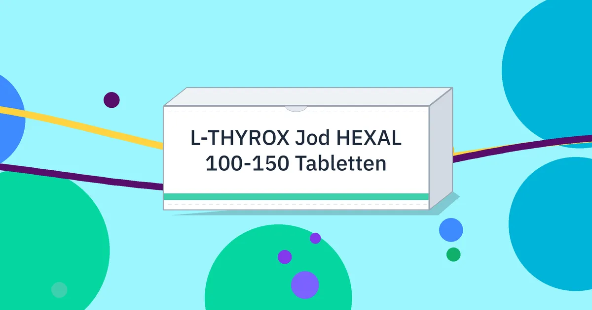 Symbolbild: Packung mit der Aufschrift L-THYROX Jod HEXAL 100-150 Tabletten (PZN 04116053) – Verfügbarkeit und Bezug in Apotheken in Frankfurt am Main