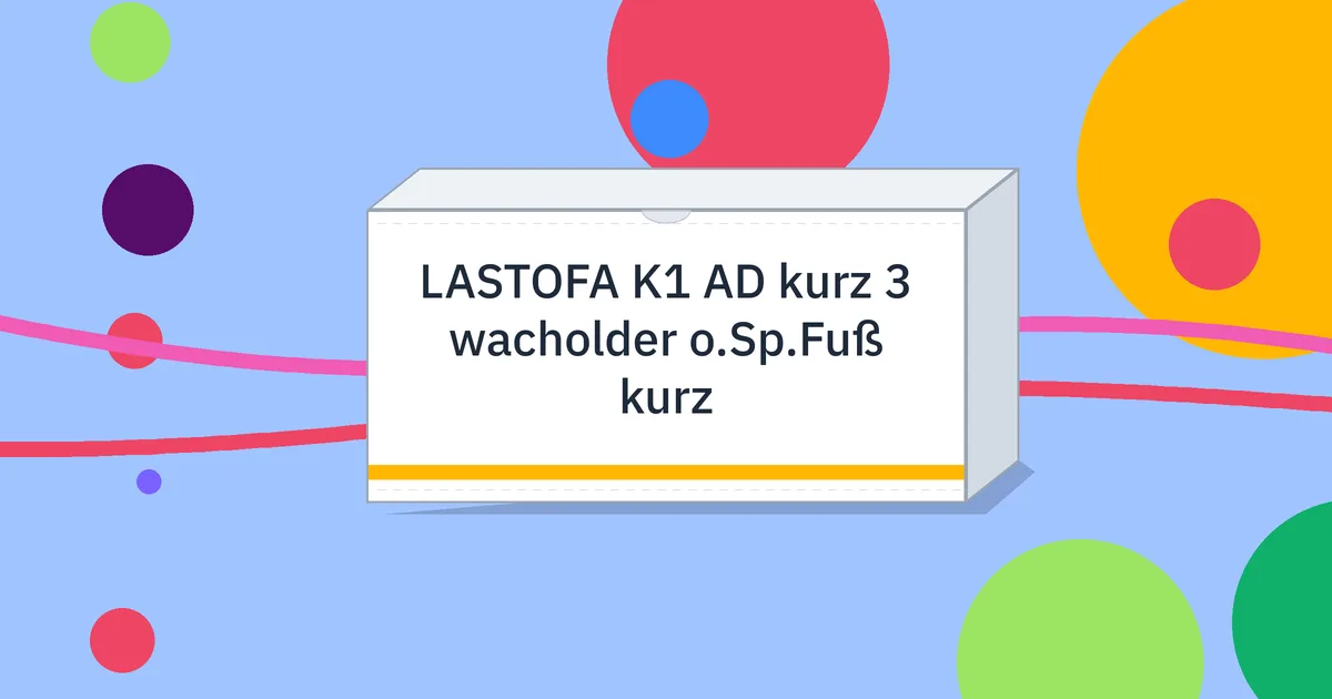 Symbolbild: Packung mit der Aufschrift LASTOFA K1 AD kurz 3 wacholder o.Sp.Fuß kurz (PZN 13787102) – Verfügbarkeit und Bezug in Apotheken in Frankfurt am Main