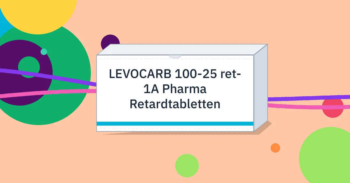 Symbolbild: Packung mit der Aufschrift LEVOCARB 100-25 ret-1A Pharma Retardtabletten (PZN 04854839) – Verfügbarkeit und Bezug in Apotheken in Frankfurt am Main