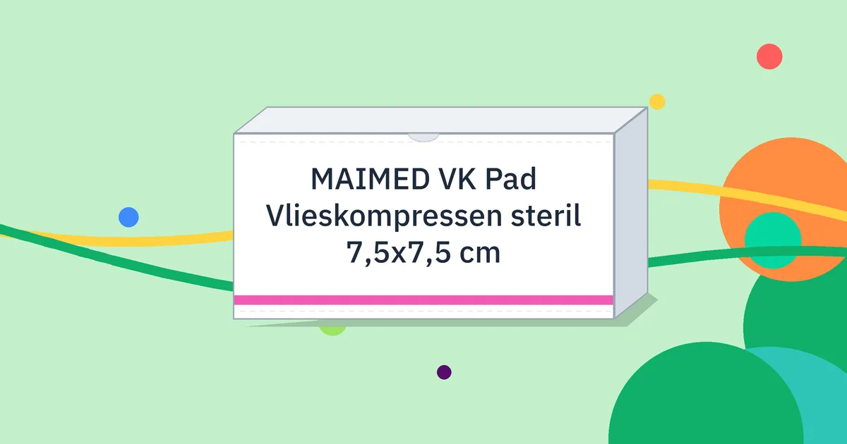 Symbolbild: Packung mit der Aufschrift MAIMED VK Pad Vlieskompressen steril 7,5x7,5 cm (PZN 10223468) – Verfügbarkeit und Bezug in Apotheken in Frankfurt am Main