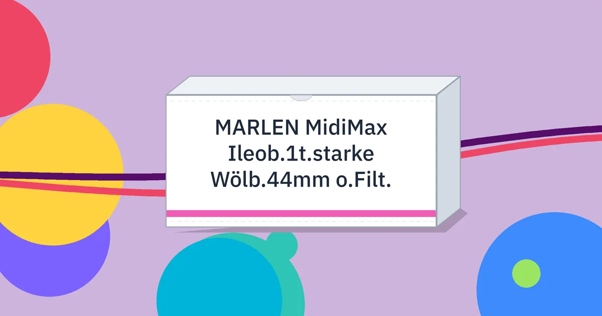 Symbolbild: Packung mit der Aufschrift MARLEN MidiMax Ileob.1t.starke Wölb.44mm o.Filt. (PZN 16658664) – Verfügbarkeit und Bezug in Apotheken in Frankfurt am Main