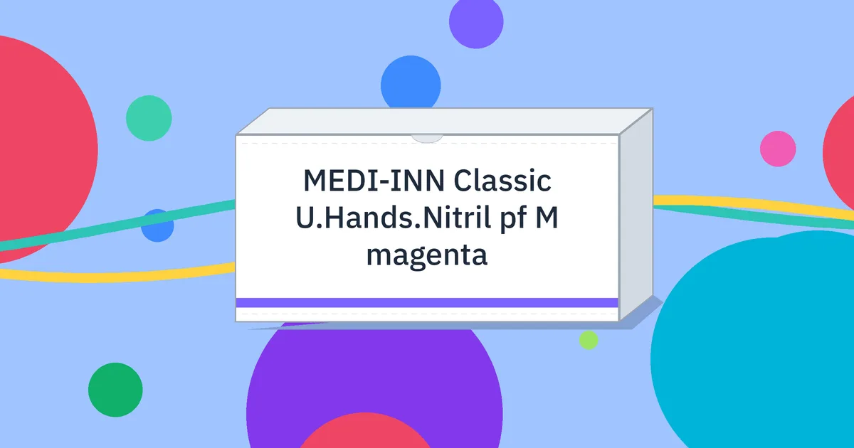 Symbolbild: Packung mit der Aufschrift MEDI-INN Classic U.Hands.Nitril pf M magenta (PZN 18444996) – Verfügbarkeit und Bezug in Apotheken in Frankfurt am Main