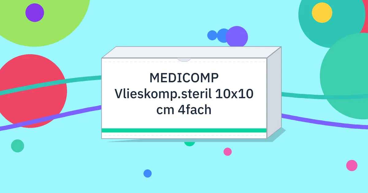 Symbolbild: Packung mit der Aufschrift MEDICOMP Vlieskomp.steril 10x10 cm 4fach (PZN 08884010) – Verfügbarkeit und Bezug in Apotheken in Frankfurt am Main
