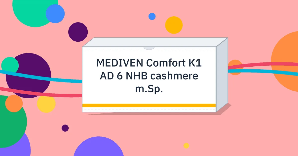 Symbolbild: Packung mit der Aufschrift MEDIVEN Comfort K1 AD 6 NHB cashmere m.Sp. (PZN 14659139) – Verfügbarkeit und Bezug in Apotheken in Frankfurt am Main
