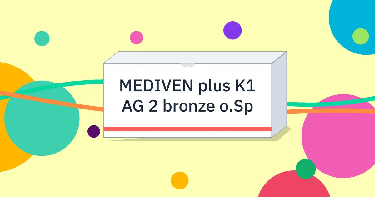 Symbolbild: Packung mit der Aufschrift MEDIVEN plus K1 AG 2 bronze o.Sp (PZN 15056489) – Verfügbarkeit und Bezug in Apotheken in Frankfurt am Main
