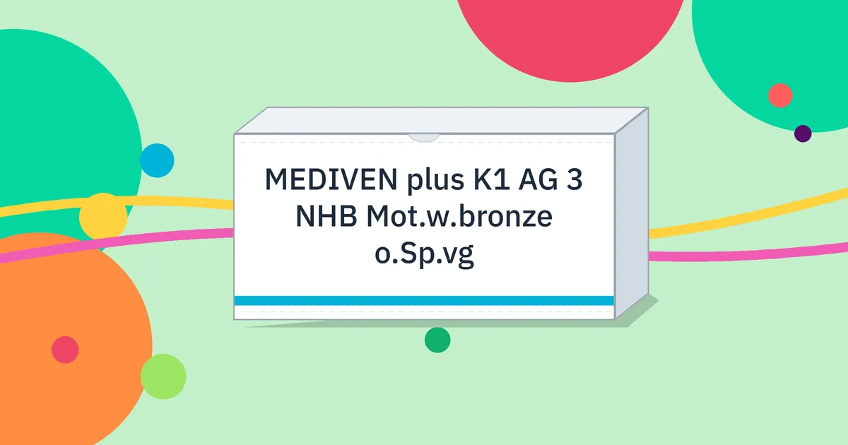 Symbolbild: Packung mit der Aufschrift MEDIVEN plus K1 AG 3 NHB Mot.w.bronze o.Sp.vg (PZN 15920284) – Verfügbarkeit und Bezug in Apotheken in Frankfurt am Main