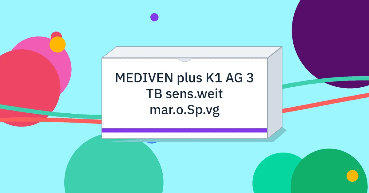 Symbolbild: Packung mit der Aufschrift MEDIVEN plus K1 AG 3 TB sens.weit mar.o.Sp.vg (PZN 15064626) – Verfügbarkeit und Bezug in Apotheken in Frankfurt am Main