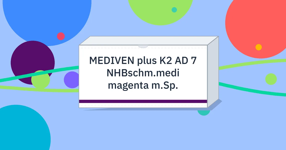 Symbolbild: Packung mit der Aufschrift MEDIVEN plus K2 AD 7 NHBschm.medi magenta m.Sp. (PZN 15938597) – Verfügbarkeit und Bezug in Apotheken in Frankfurt am Main