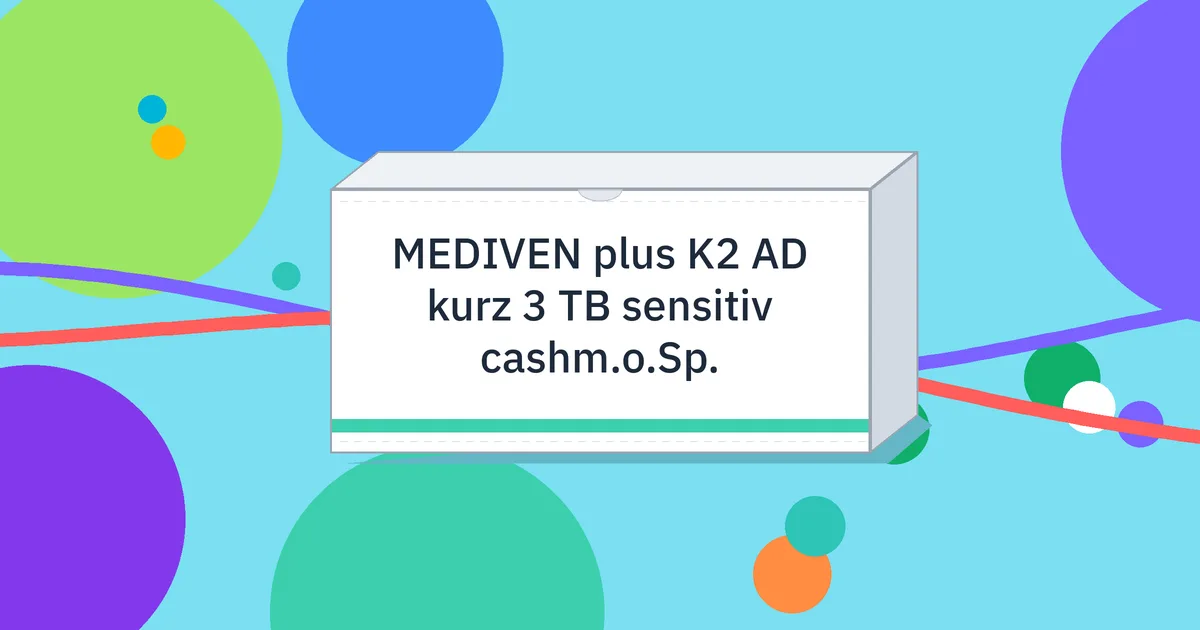 Symbolbild: Packung mit der Aufschrift MEDIVEN plus K2 AD kurz 3 TB sensitiv cashm.o.Sp. (PZN 15106052) – Verfügbarkeit und Bezug in Apotheken in Frankfurt am Main