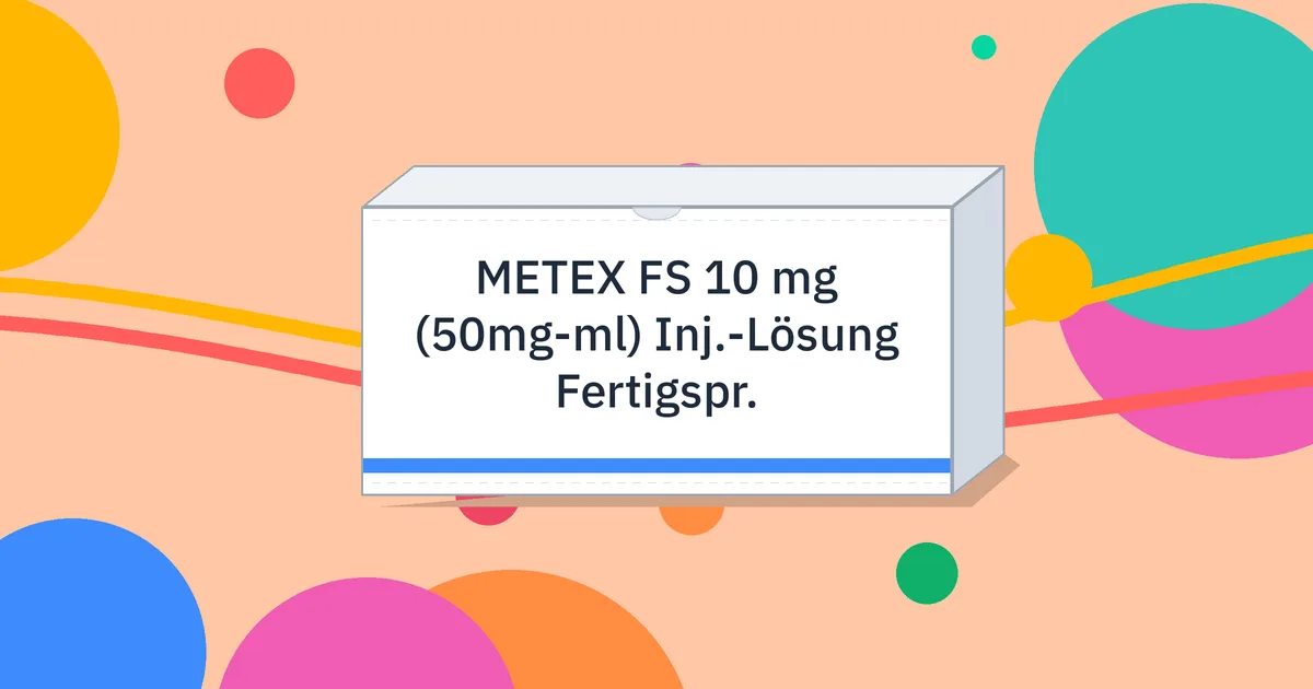 Symbolbild: Packung mit der Aufschrift METEX FS 10 mg (50mg-ml) Inj.-Lösung Fertigspr. (PZN 18502624) – Verfügbarkeit und Bezug in Apotheken in Frankfurt am Main