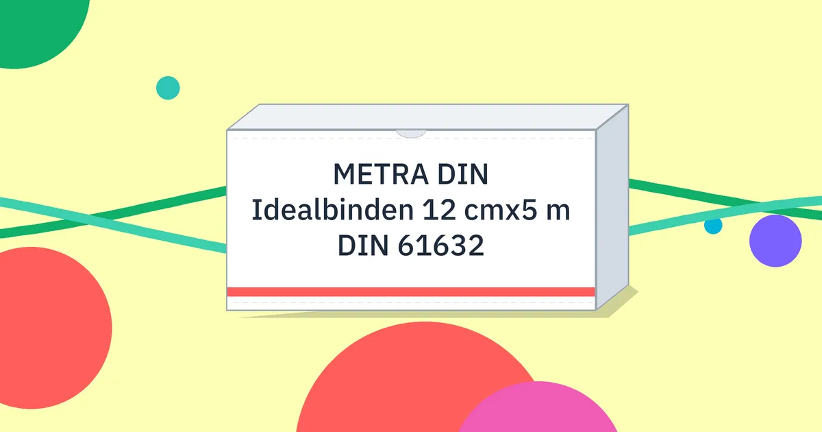 Symbolbild: Packung mit der Aufschrift METRA DIN Idealbinden 12 cmx5 m DIN 61632 (PZN 07772243) – Verfügbarkeit und Bezug in Apotheken in Frankfurt am Main