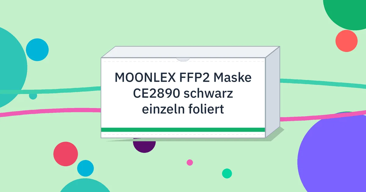 Symbolbild: Packung mit der Aufschrift MOONLEX FFP2 Maske CE2890 schwarz einzeln foliert (PZN 19903302) – Verfügbarkeit und Bezug in Apotheken in Frankfurt am Main