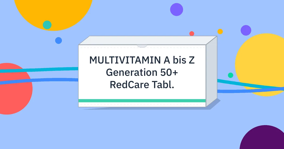 Symbolbild: Packung mit der Aufschrift MULTIVITAMIN A bis Z Generation 50+ RedCare Tabl. (PZN 17284154) – Verfügbarkeit und Bezug in Apotheken in Frankfurt am Main