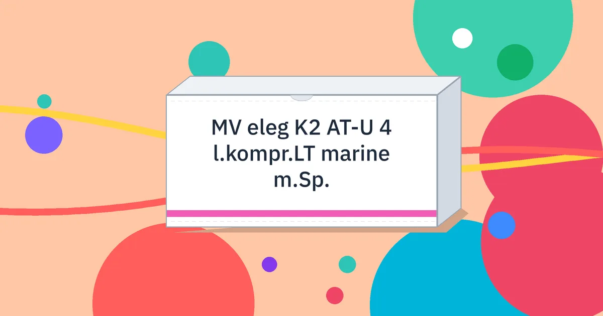 Symbolbild: Packung mit der Aufschrift MV eleg K2 AT-U 4 l.kompr.LT marine m.Sp. (PZN 15289928) – Verfügbarkeit und Bezug in Apotheken in Frankfurt am Main