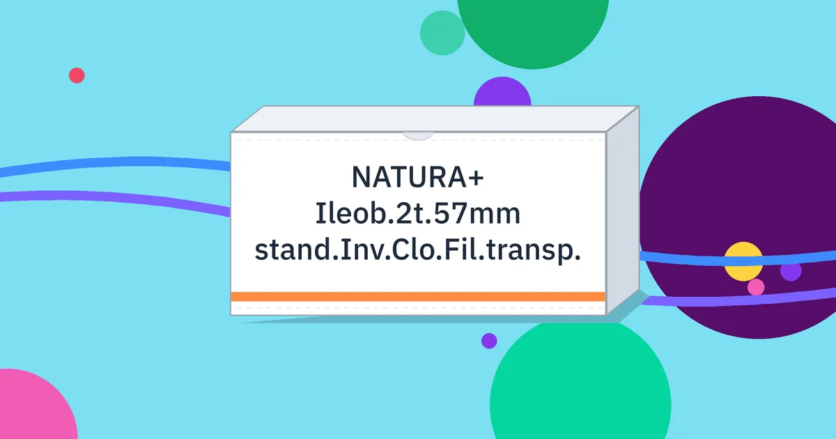 Symbolbild: Packung mit der Aufschrift NATURA+ Ileob.2t.57mm stand.Inv.Clo.Fil.transp. (PZN 06459455) – Verfügbarkeit und Bezug in Apotheken in Frankfurt am Main