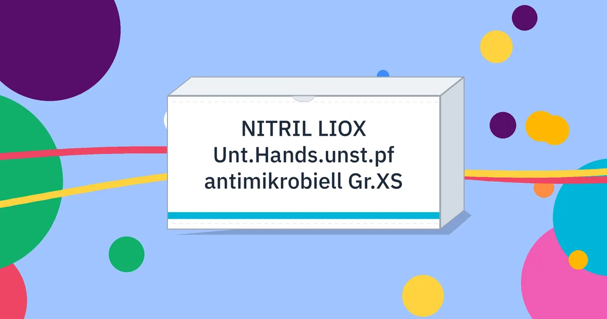 Symbolbild: Packung mit der Aufschrift NITRIL LIOX Unt.Hands.unst.pf antimikrobiell Gr.XS (PZN 15377756) – Verfügbarkeit und Bezug in Apotheken in Frankfurt am Main
