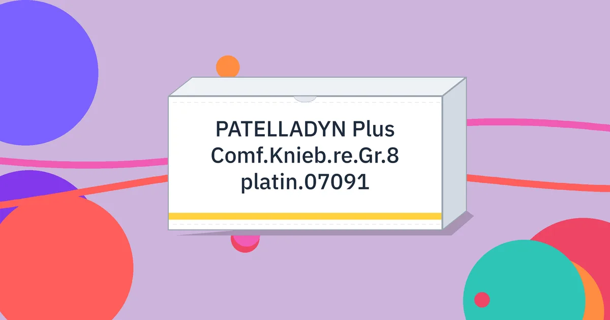 Symbolbild: Packung mit der Aufschrift PATELLADYN Plus Comf.Knieb.re.Gr.8 platin.07091 (PZN 18904653) – Verfügbarkeit und Bezug in Apotheken in Frankfurt am Main