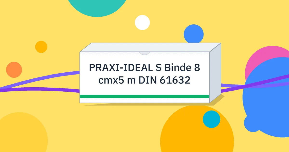 Symbolbild: Packung mit der Aufschrift PRAXI-IDEAL S Binde 8 cmx5 m DIN 61632 (PZN 12826691) – Verfügbarkeit und Bezug in Apotheken in Frankfurt am Main