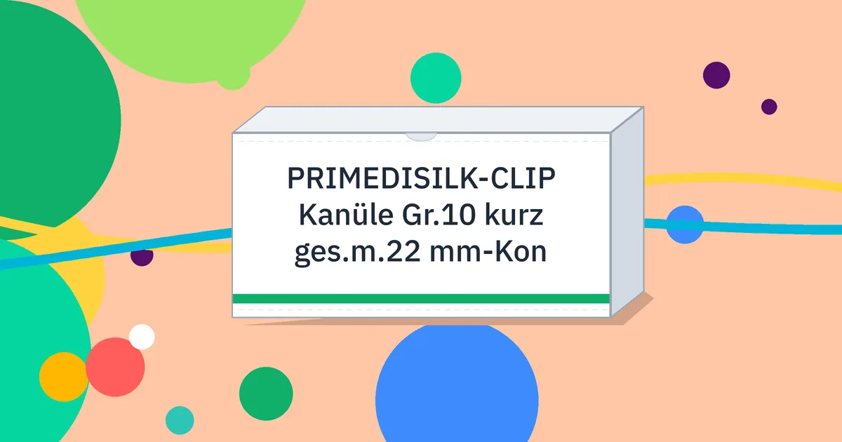 Symbolbild: Packung mit der Aufschrift PRIMEDISILK-CLIP Kanüle Gr.10 kurz ges.m.22 mm-Kon (PZN 10780789) – Verfügbarkeit und Bezug in Apotheken in Frankfurt am Main