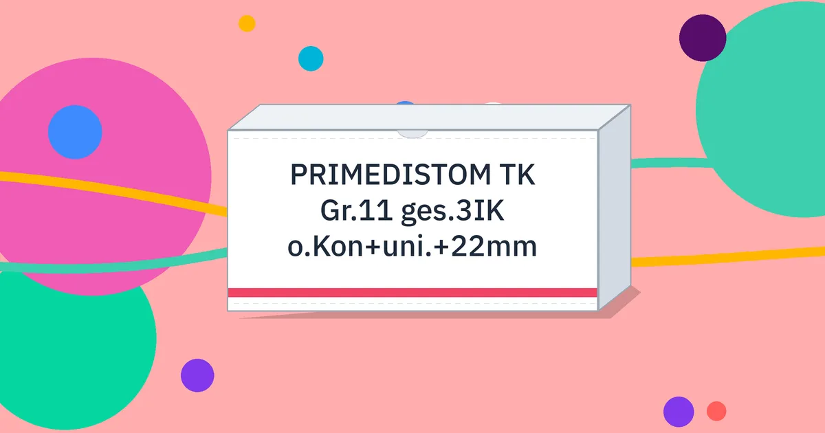 Symbolbild: Packung mit der Aufschrift PRIMEDISTOM TK Gr.11 ges.3IK o.Kon+uni.+22mm (PZN 10209439) – Verfügbarkeit und Bezug in Apotheken in Frankfurt am Main