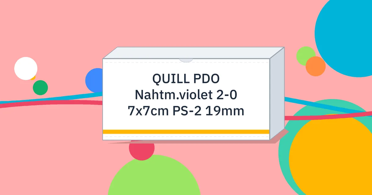 Symbolbild: Packung mit der Aufschrift QUILL PDO Nahtm.violet 2-0 7x7cm PS-2 19mm (PZN 17989334) – Verfügbarkeit und Bezug in Apotheken in Frankfurt am Main