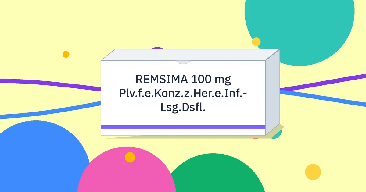 Symbolbild: Packung mit der Aufschrift REMSIMA 100 mg Plv.f.e.Konz.z.Her.e.Inf.-Lsg.Dsfl. (PZN 20418256) – Verfügbarkeit und Bezug in Apotheken in Frankfurt am Main