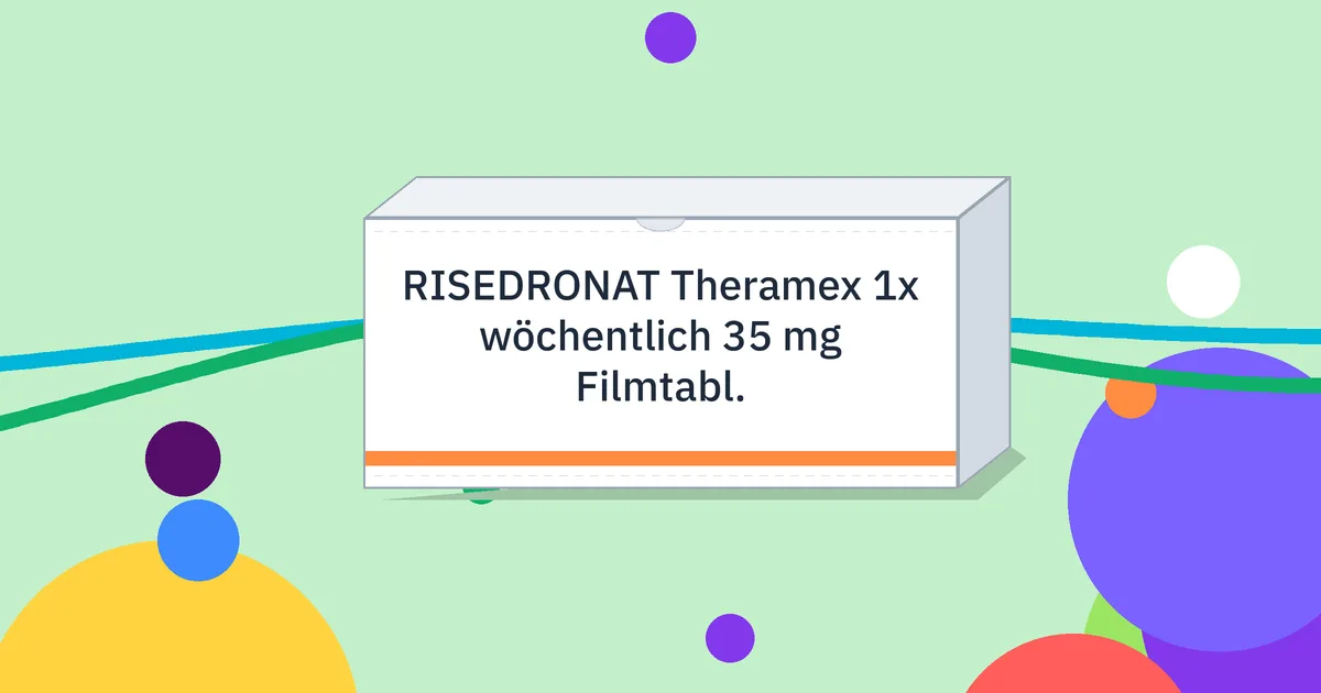 Symbolbild: Packung mit der Aufschrift RISEDRONAT Theramex 1x wöchentlich 35 mg Filmtabl. (PZN 18116973) – Verfügbarkeit und Bezug in Apotheken in Frankfurt am Main