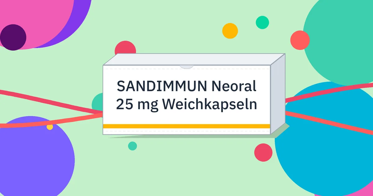 Symbolbild: Packung mit der Aufschrift SANDIMMUN Neoral 25 mg Weichkapseln (PZN 08816304) – Verfügbarkeit und Bezug in Apotheken in Frankfurt am Main