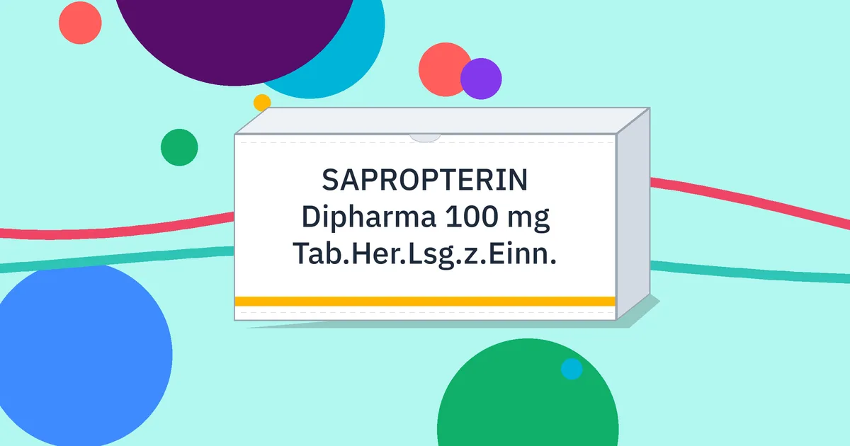 Symbolbild: Packung mit der Aufschrift SAPROPTERIN Dipharma 100 mg Tab.Her.Lsg.z.Einn. (PZN 19847041) – Verfügbarkeit und Bezug in Apotheken in Frankfurt am Main
