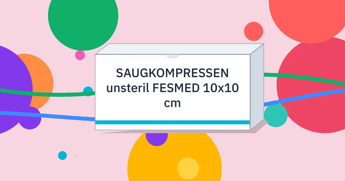 Symbolbild: Packung mit der Aufschrift SAUGKOMPRESSEN unsteril FESMED 10x10 cm (PZN 19231104) – Verfügbarkeit und Bezug in Apotheken in Frankfurt am Main