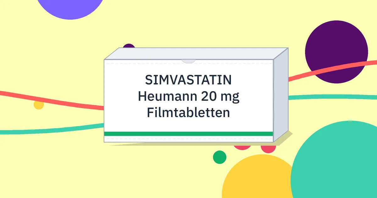 Symbolbild: Packung mit der Aufschrift SIMVASTATIN Heumann 20 mg Filmtabletten (PZN 02765333) – Verfügbarkeit und Bezug in Apotheken in Frankfurt am Main