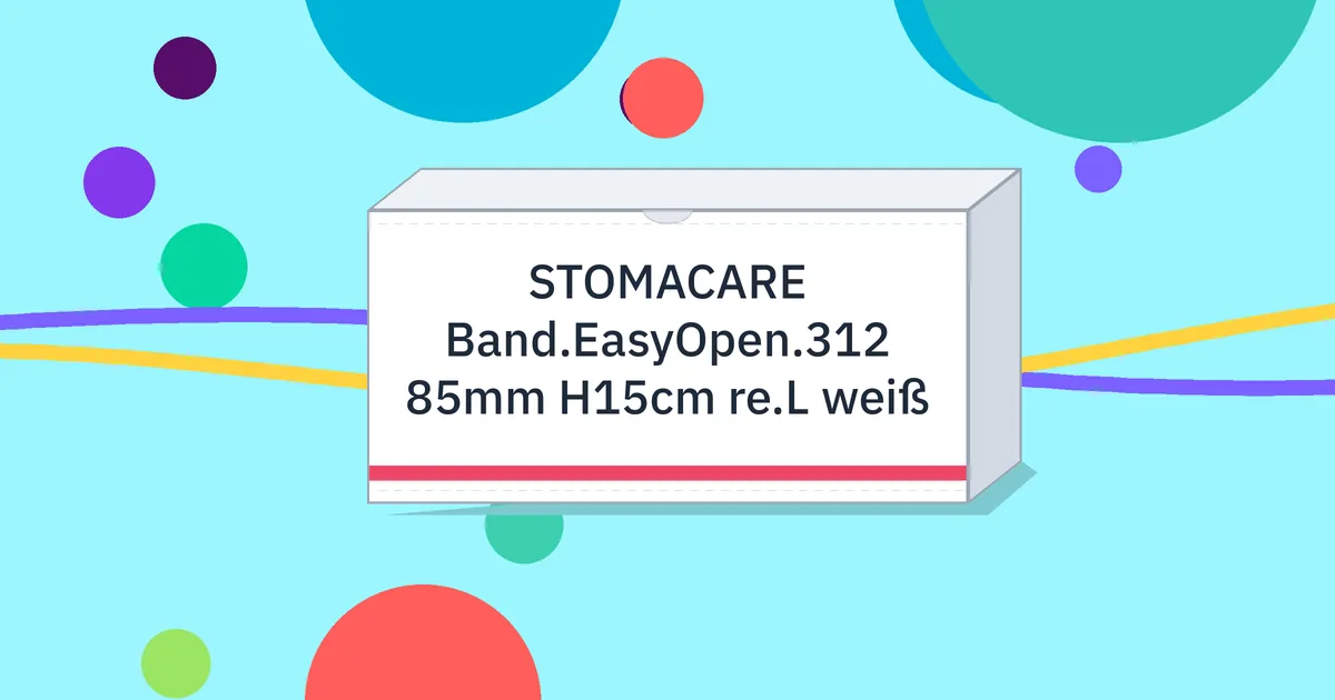 Symbolbild: Packung mit der Aufschrift STOMACARE Band.EasyOpen.312 85mm H15cm re.L weiß (PZN 09437773) – Verfügbarkeit und Bezug in Apotheken in Frankfurt am Main