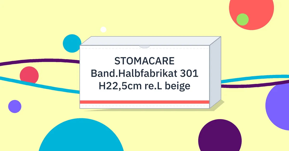 Symbolbild: Packung mit der Aufschrift STOMACARE Band.Halbfabrikat 301 H22,5cm re.L beige (PZN 07663838) – Verfügbarkeit und Bezug in Apotheken in Frankfurt am Main